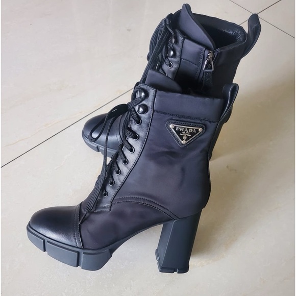 Shoes | Nylon Laceup Combat Heels Boots Leather Black | Poshmark